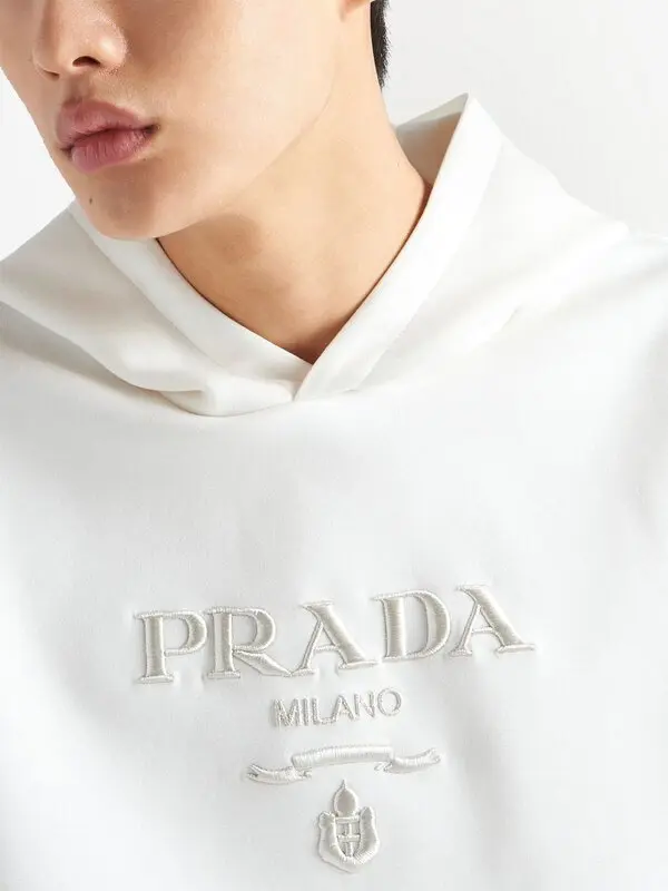 Prada Logo-Embroidered Cotton Hoodie - F0j36 White/Silver